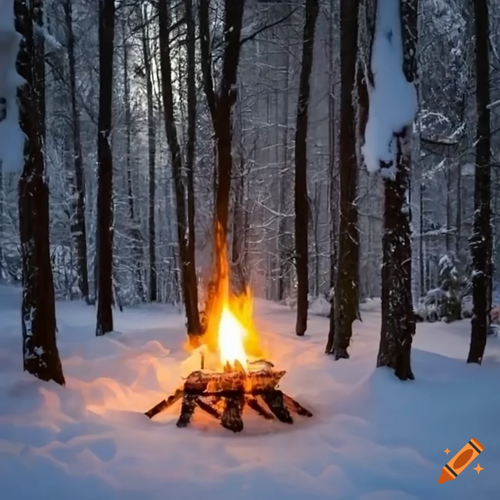 Cozy winter scene with a campfire in a snowy forest