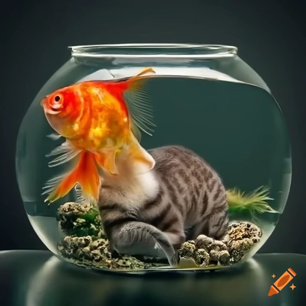 Cat trying to catch goldfish in a fishbowl on Craiyon