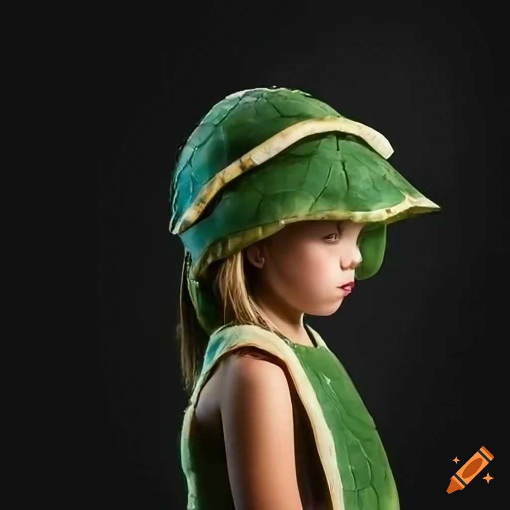 Young girl dressed as a turtle with a turtle shell and headdress on Craiyon