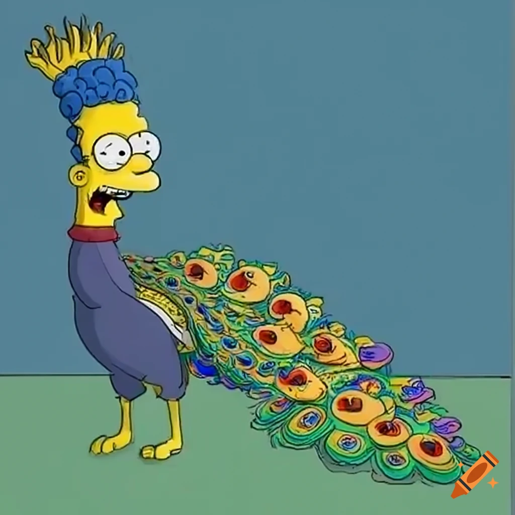 Bart Simpson riding a peacock in an adventurous scene on Craiyon
