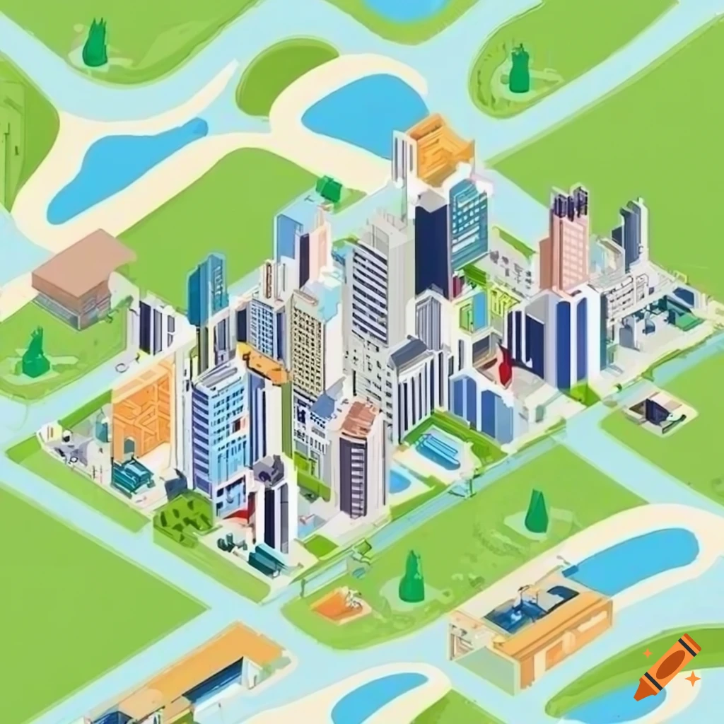 Isometric view of a modern city with beach on Craiyon