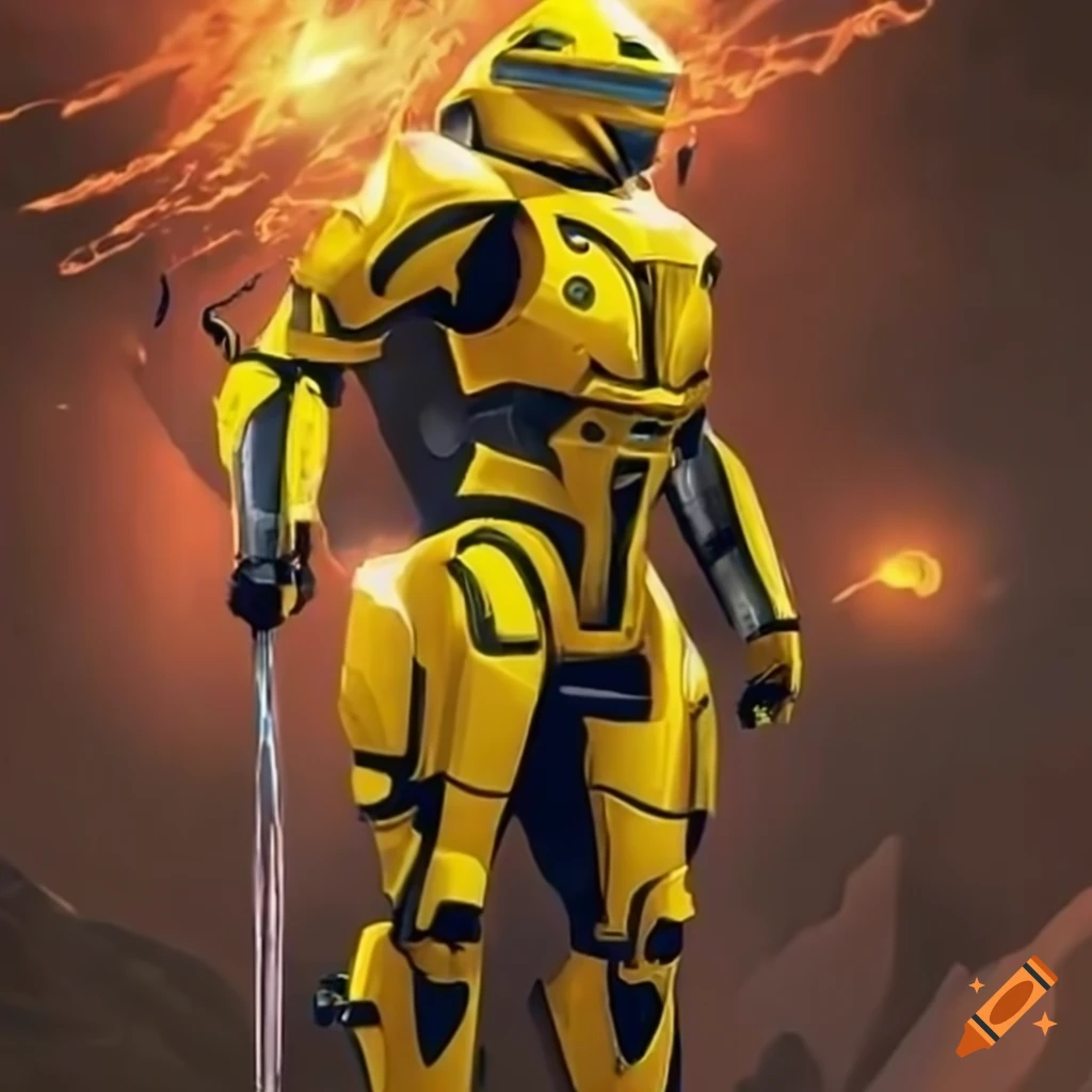 Yellow armored hero with electric sparks on mars