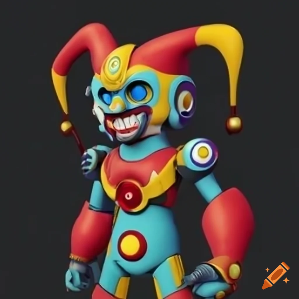 3D render of an evil robotic clown jester villain on Craiyon