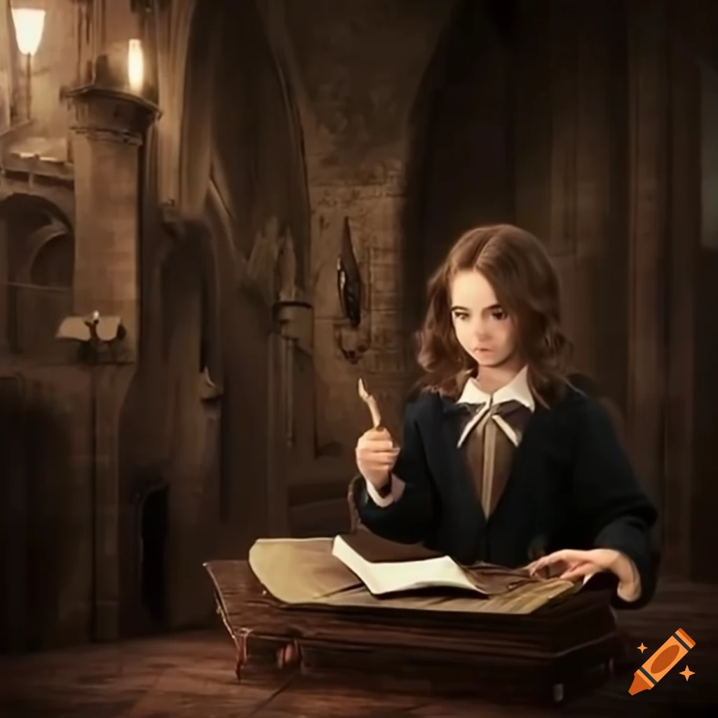 Girl learning magic in Hogwarts with her teacher on Craiyon
