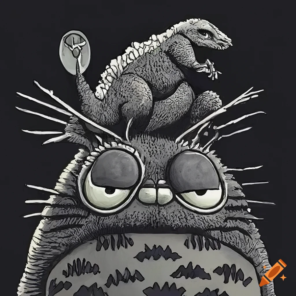 Noir style artwork of godzilla, garfield, and totoro on Craiyon