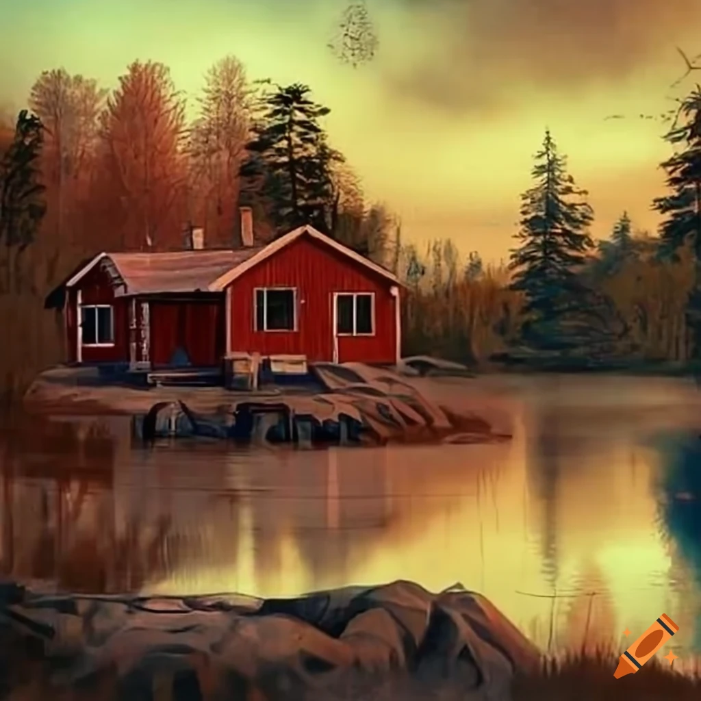 Red Swedish summer cabin by the lake on Craiyon