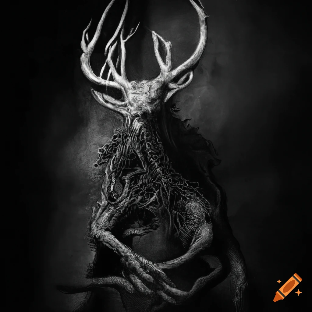 Detailed etching of a lovecraftian stag monster on Craiyon