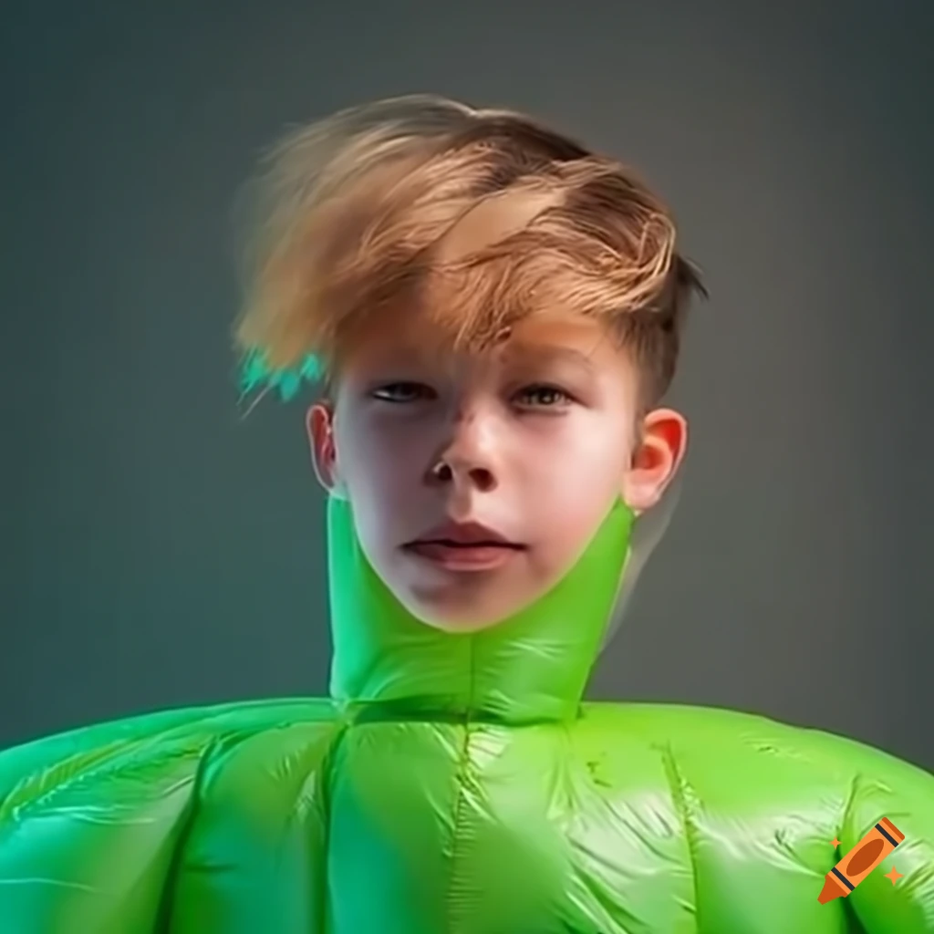 Teenage boy wearing inflatable frog costume