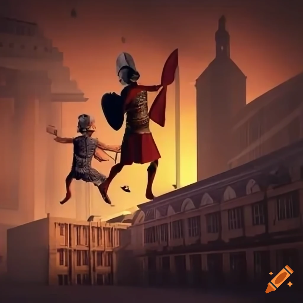 Nighttime action scene with a roman soldier jumping across buildings