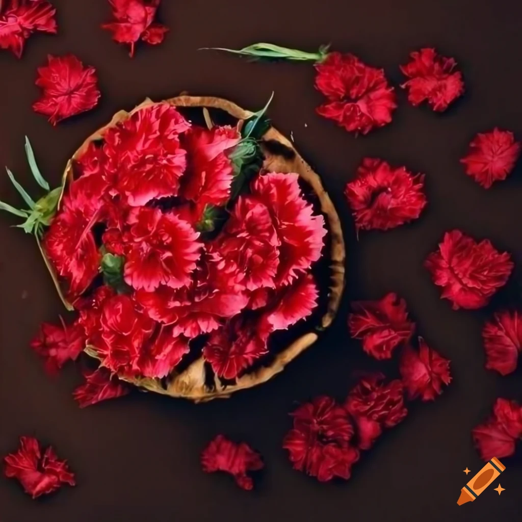 Overhead view of a bushel of red and light red carnations on Craiyon