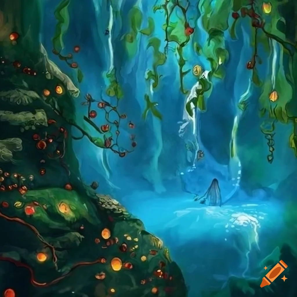 Illustration of a magical cave with glowing mushrooms and waterfalls on Craiyon