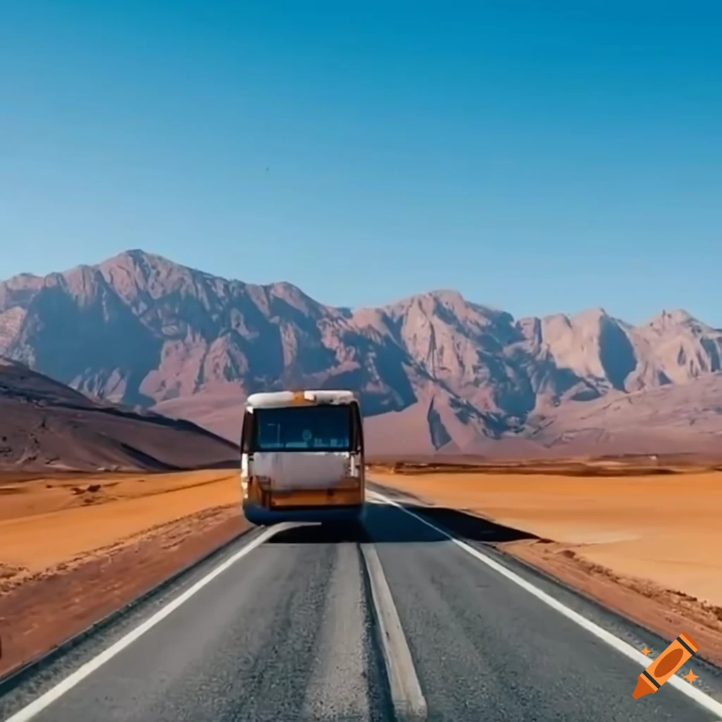 Bus driving in the desert towards the mountains on Craiyon