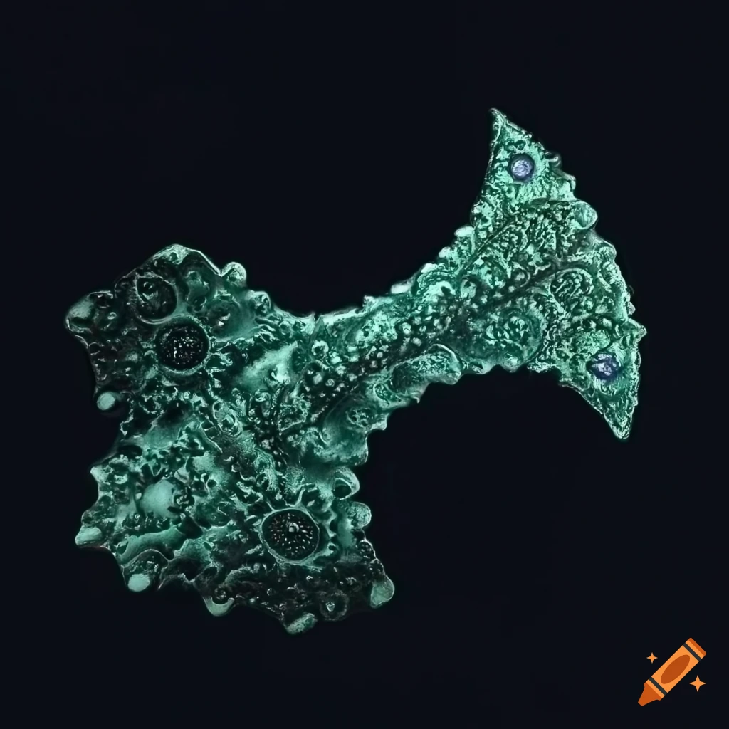 Digital art of a corroded bronze butterfly axe