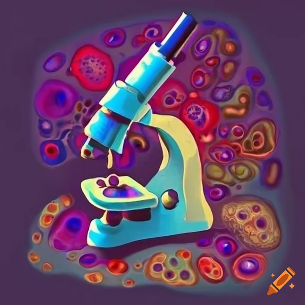 Colorful illustration of a microscope and medical pathology symbols on ...