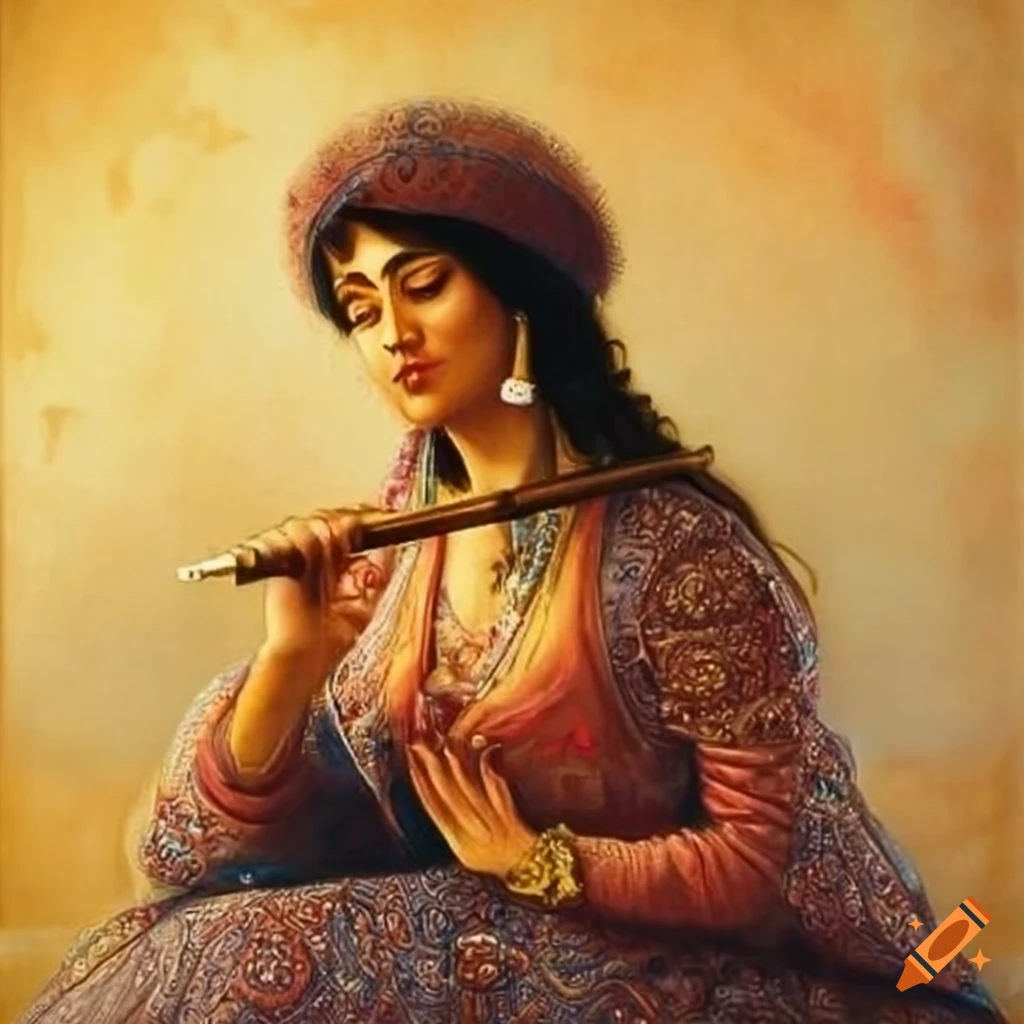 Greek goddess playing a flute near a rose garden on Craiyon