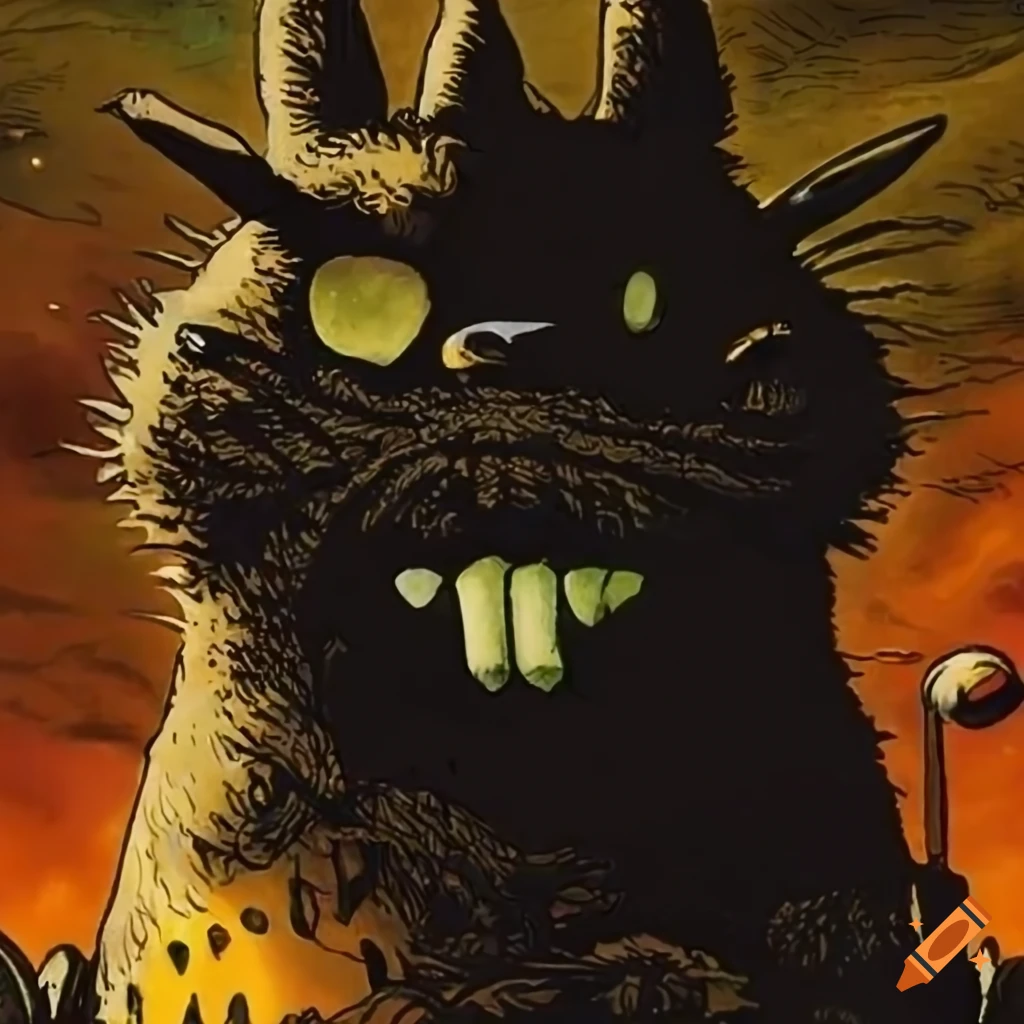 Noir graphic novel illustration of godzilla, totoro, and garfield