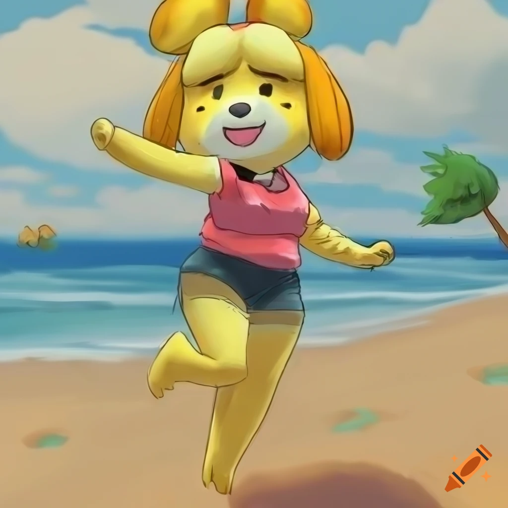 Isabelle from animal crossing on the beach in casual clothes on Craiyon