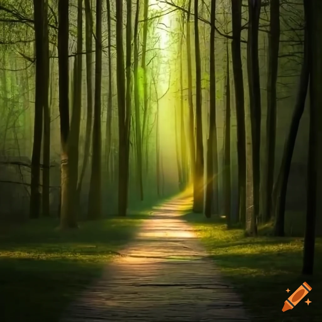 Serene path through the woods with a guiding light
