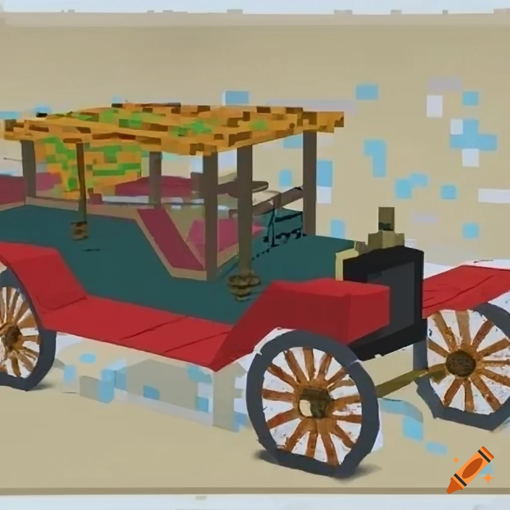 Vintage illustration of model t ford driven by minecraft steve on Craiyon