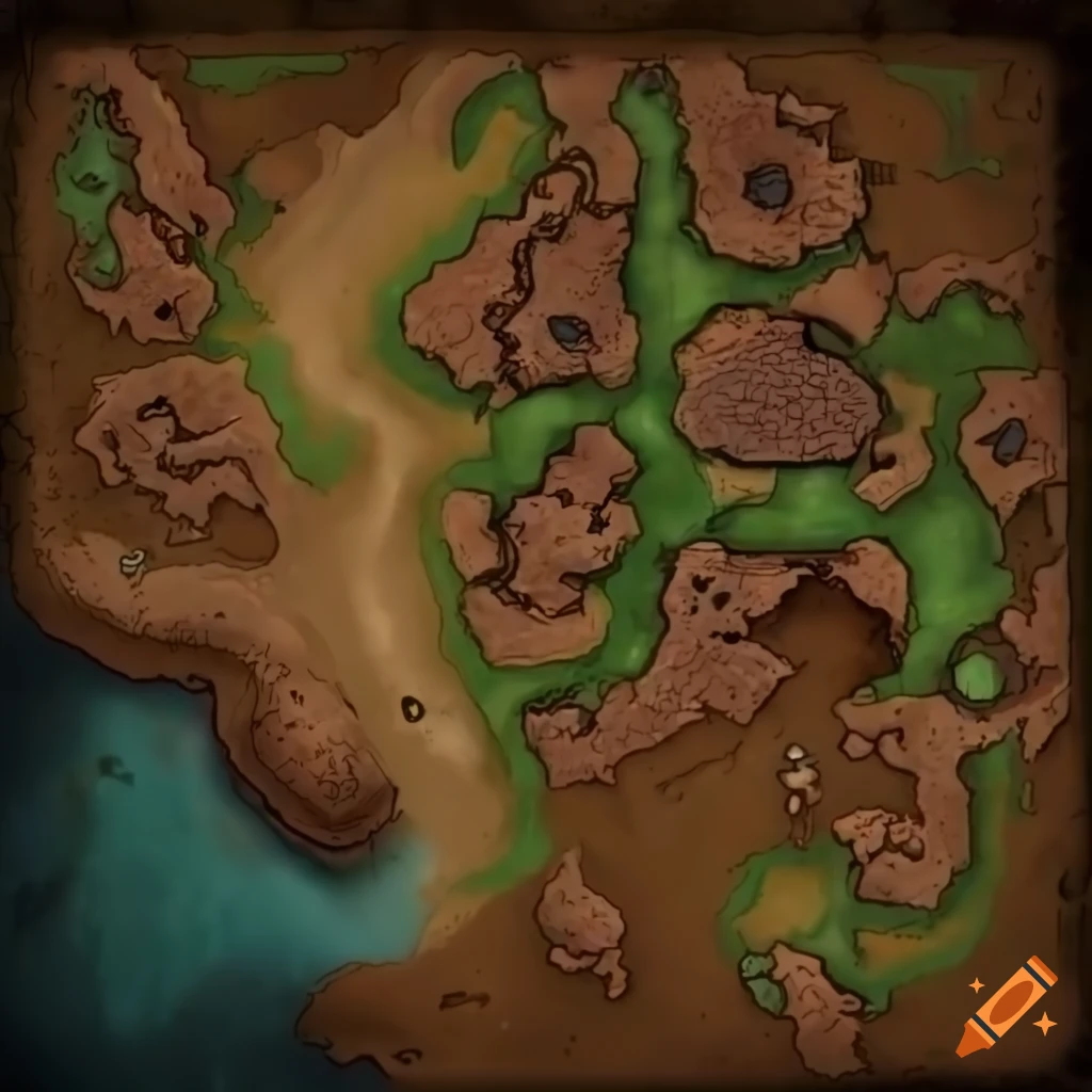 D&D region map of a desert with acidic bog and cactus forests on Craiyon