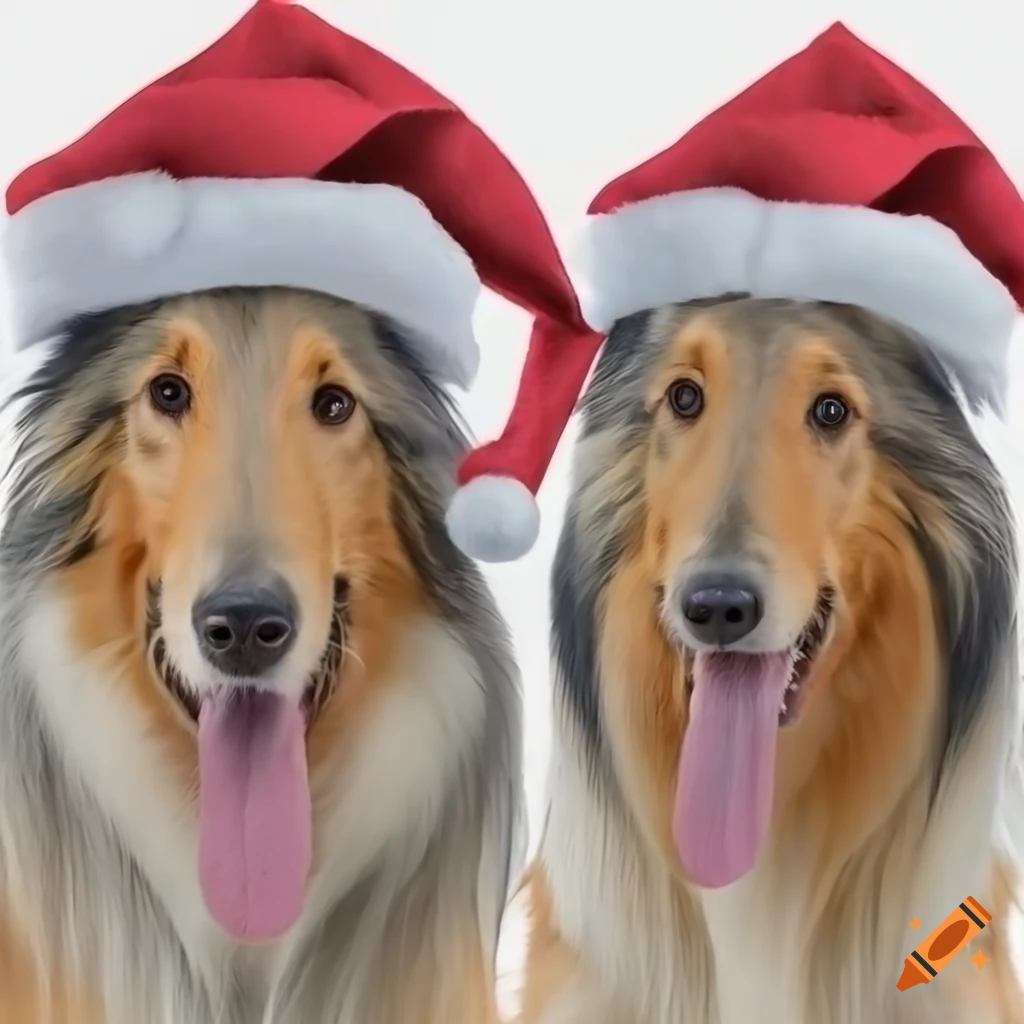 Collie dogs wearing santa hats on white background