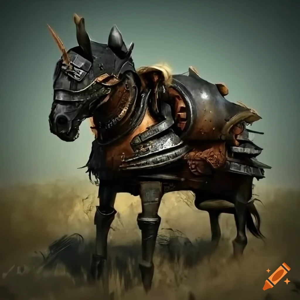 Post apocalyptic battle armour for a horse on Craiyon