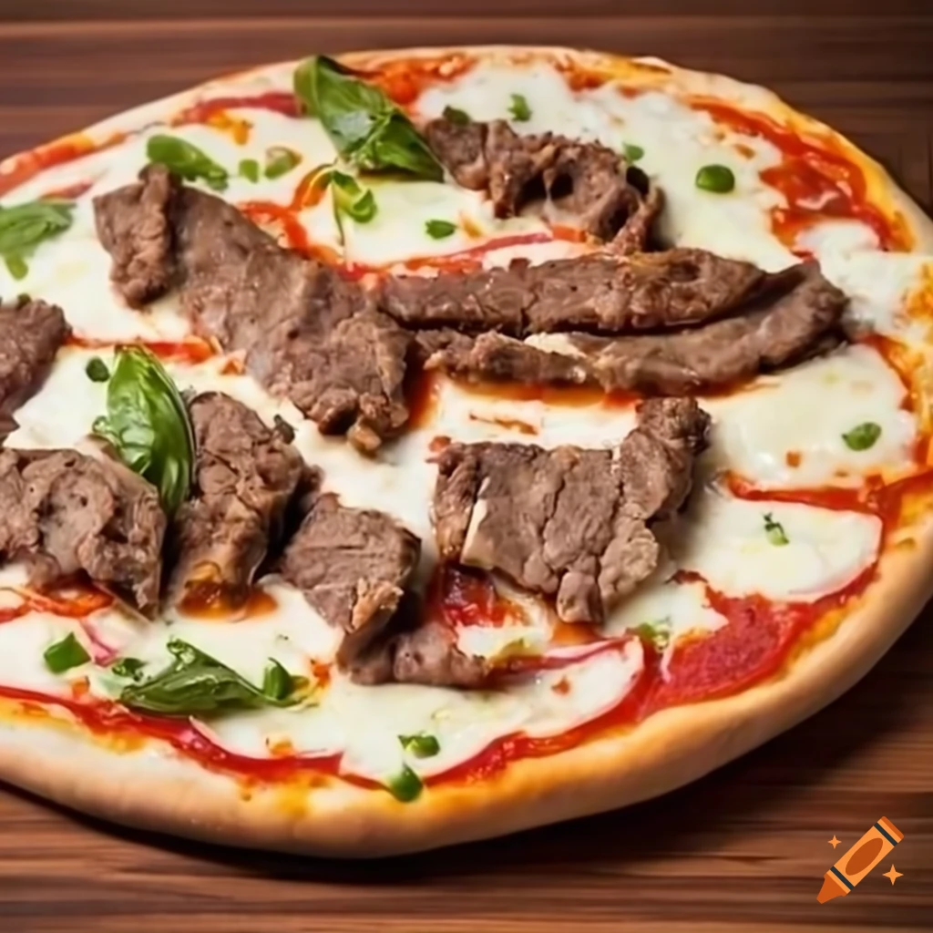 Delicious mozzarella pizza with beef strips on Craiyon
