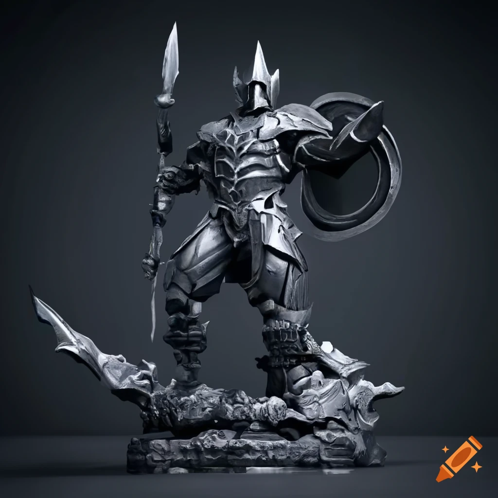 Statue of a fierce warrior with glowing eyes and obsidian armor on Craiyon