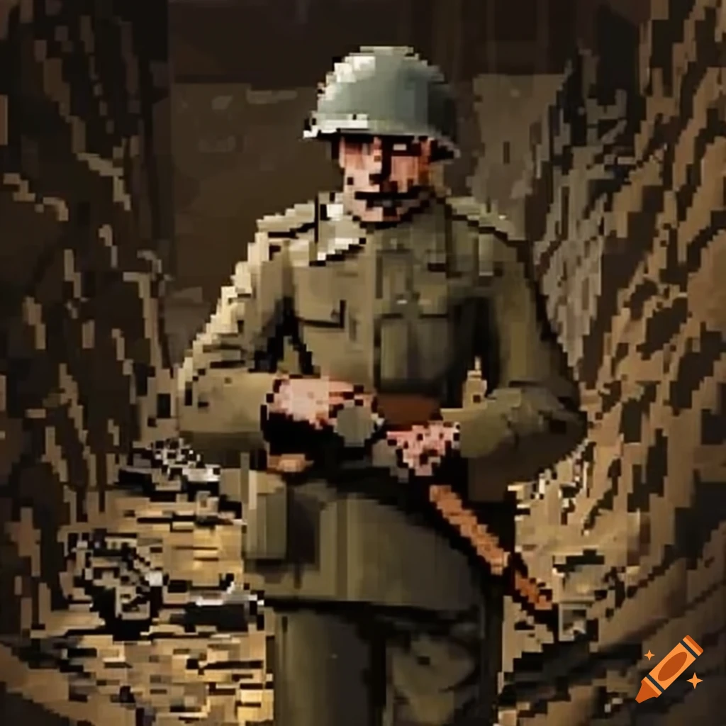 Pixel art of soldier in WW1 trench with shovel on Craiyon