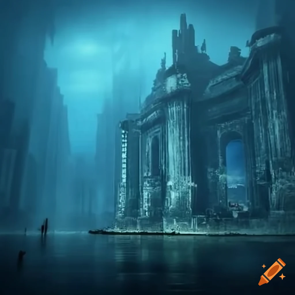 Blue underwater cityscape with ancient buildings on Craiyon