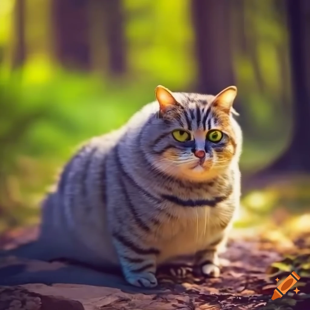 Cute fat cat enjoying the sunshine in the forest