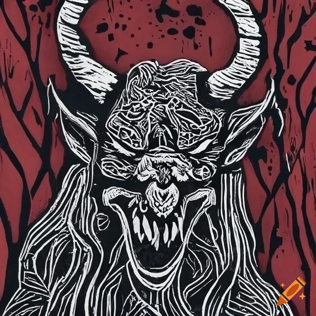 Krampus festive goat demon linocut