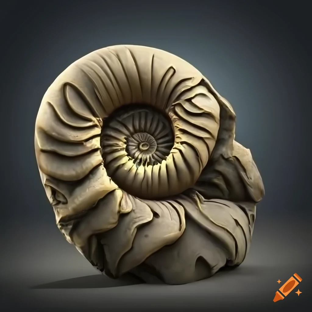 Hyperrealistic ammonite-inspired stone building with moss and ferns on ...