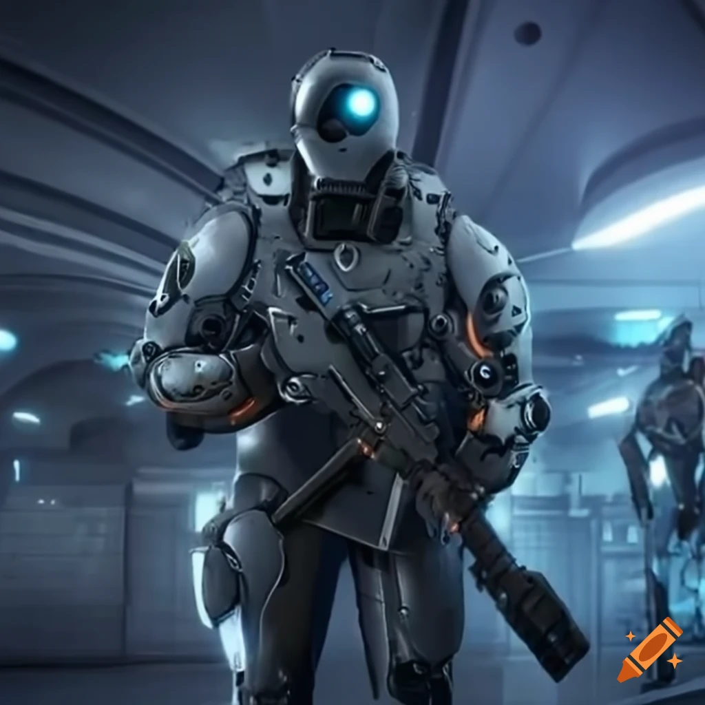 Cyborg soldiers walking in a futuristic setting with weapons on Craiyon