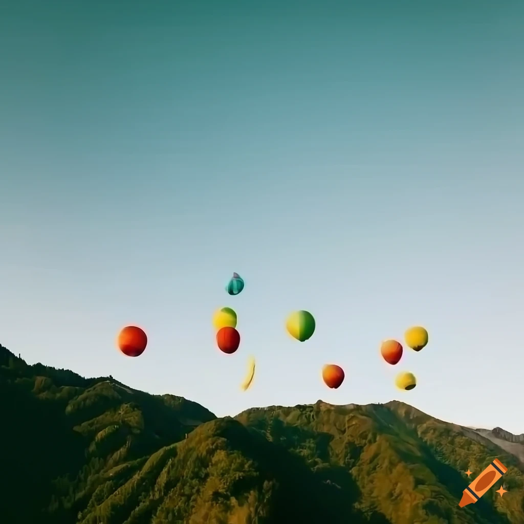Mountain forest with colorful balloons in the sky