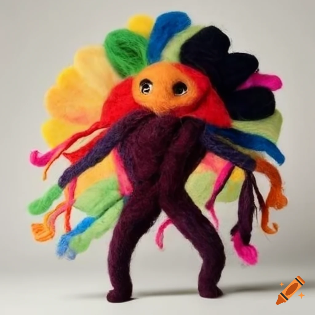 Felted wall creatures in intricate outfits with tribal style background ...