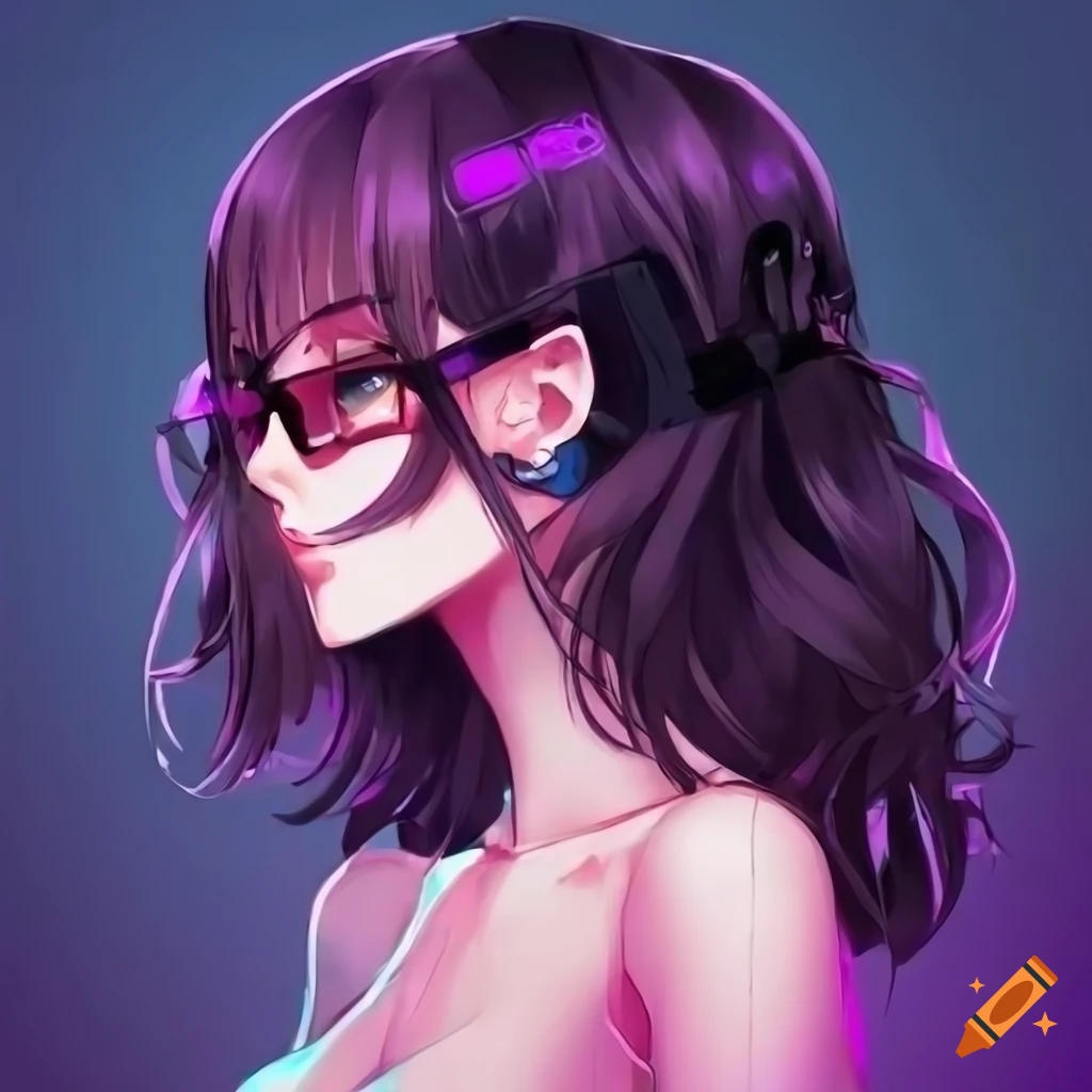 Anime Girl With Black Glasses And Wavy Hair In Cyberpunk Setting On Craiyon