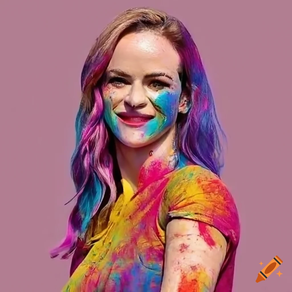 Danielle Panabaker covered in vibrant colors at Holi celebration on Craiyon