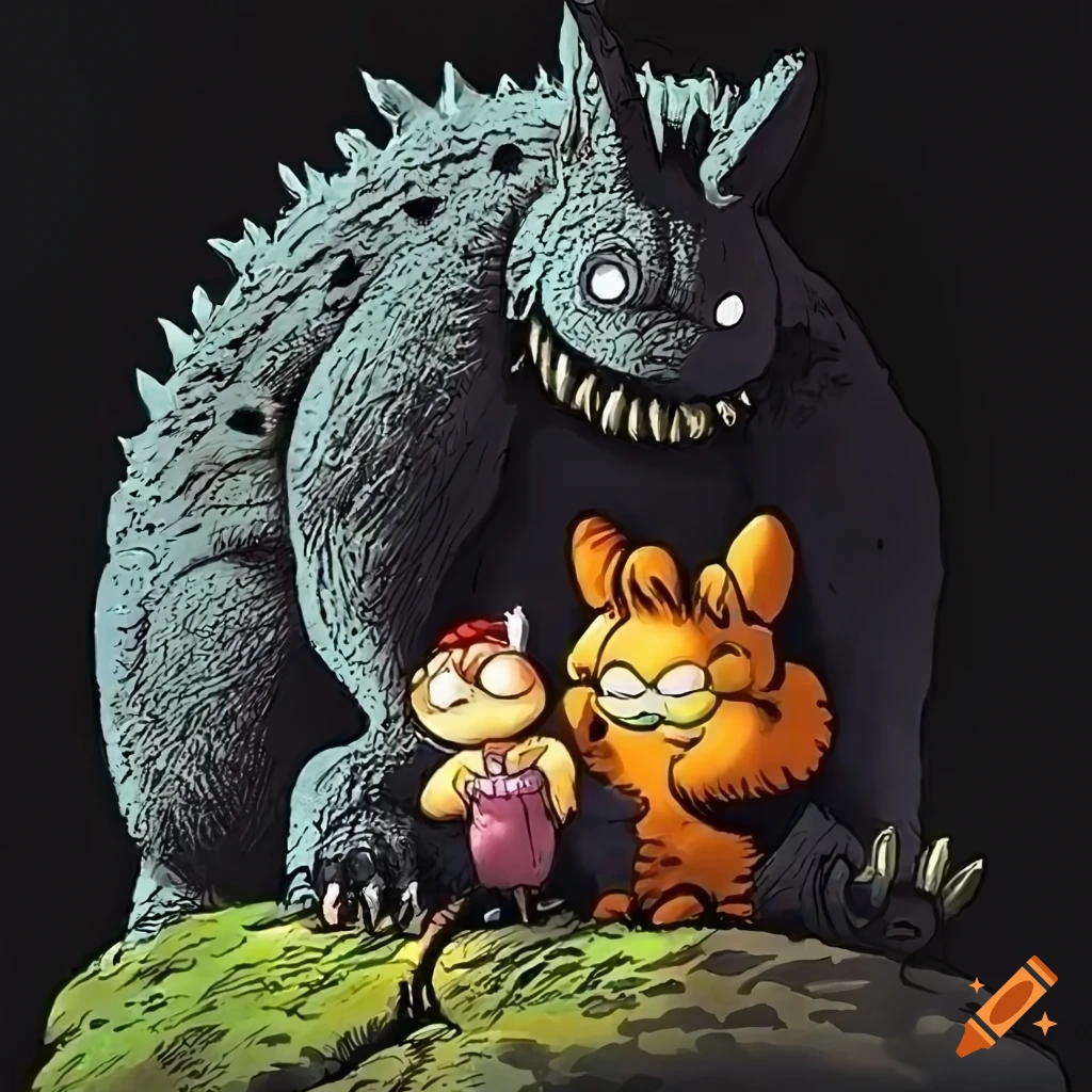 Graphic novel artwork of godzilla and totoro in noir style