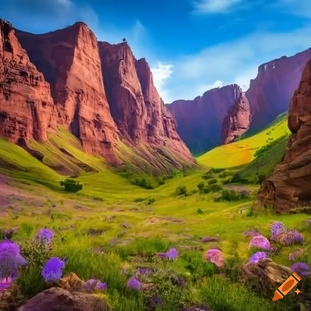 Flower valley surrounded by rocky canyon on Craiyon