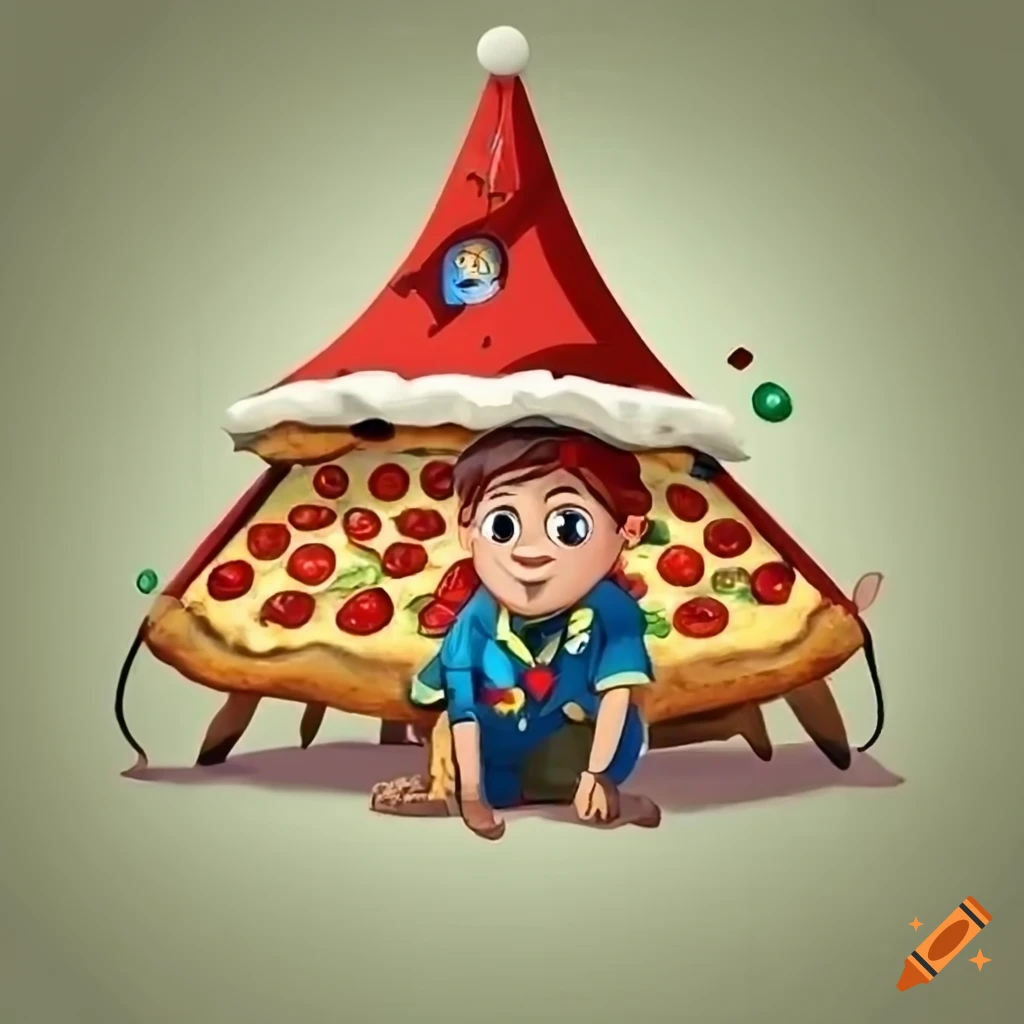 Cartoon cub scouts enjoying Christmas camping with pizza on Craiyon