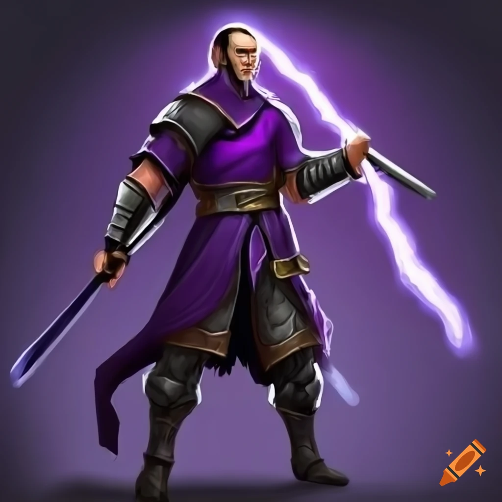 Art of a male fighter with a purple katana on Craiyon