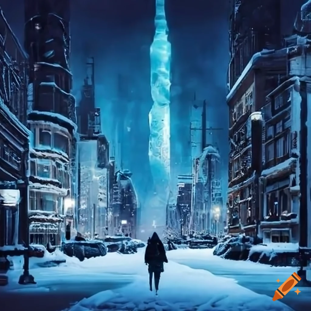 Futuristic city covered in ice and snow on Craiyon