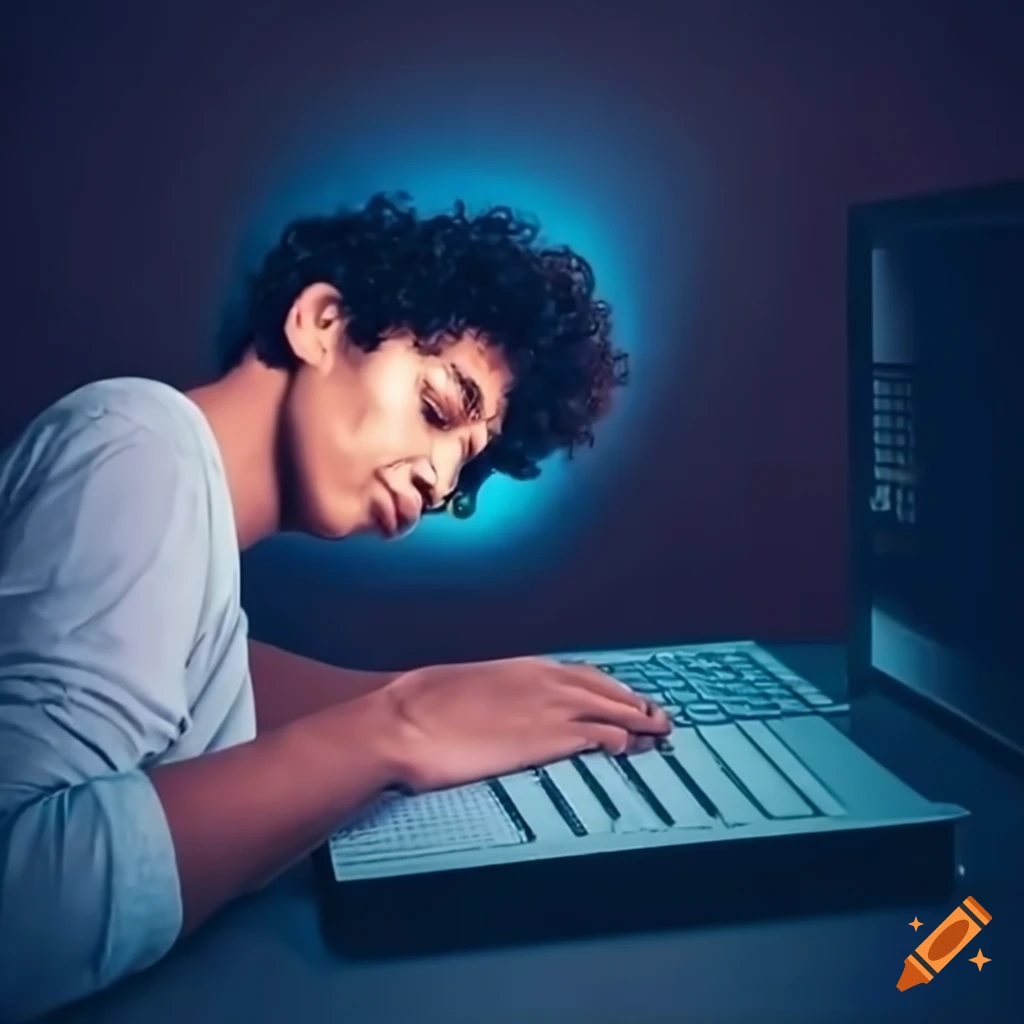 Man with curly hair napping by computer screen on Craiyon