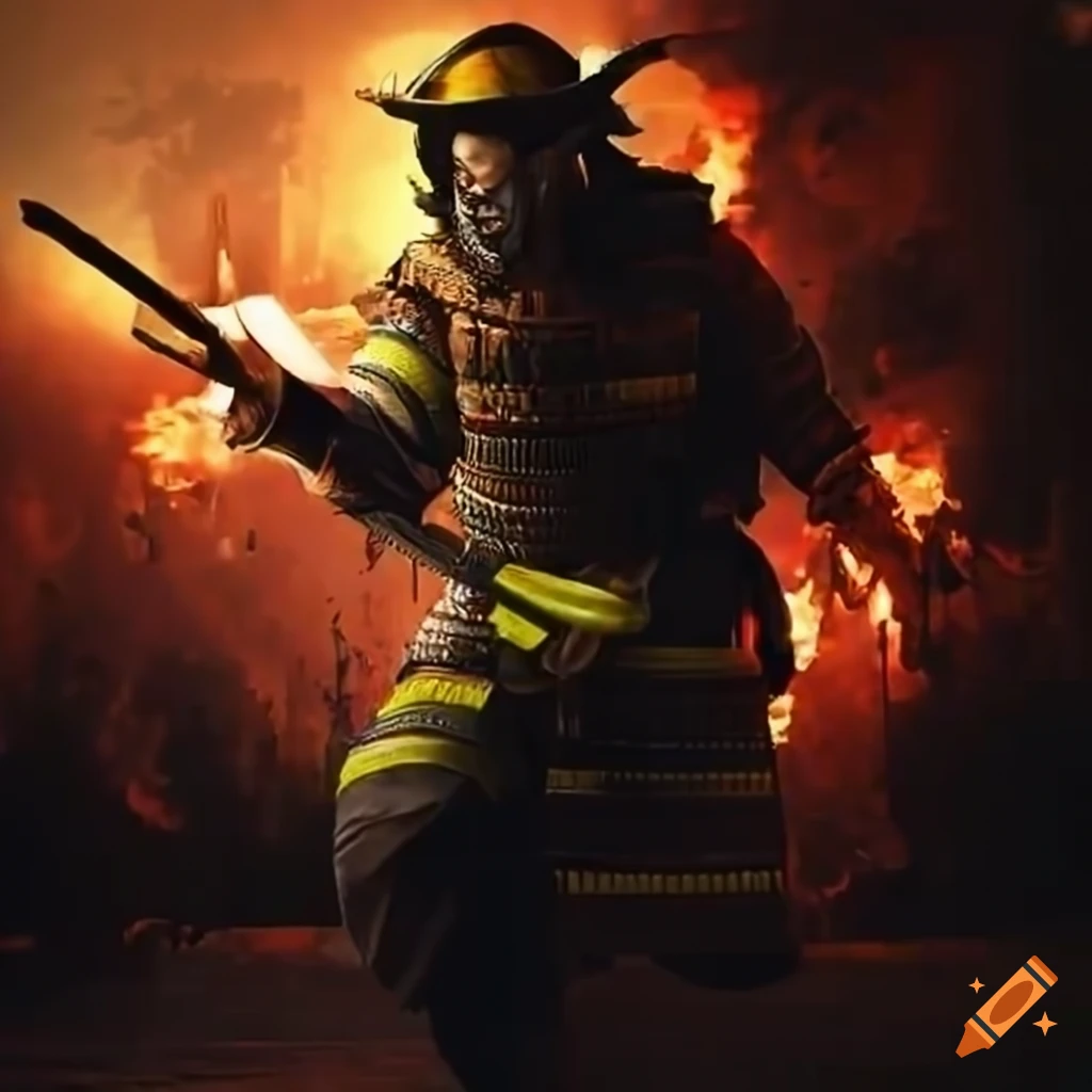 Hyper realistic artwork of firefighter samurai fighting a dragon