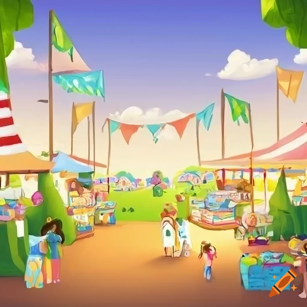 School charity bazaar with tent, stage, and school building on Craiyon