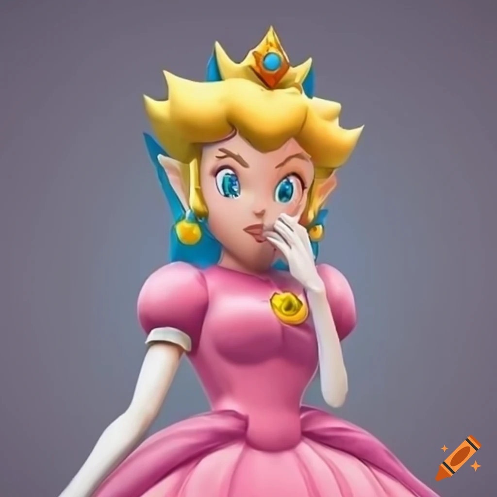 Link in princess peach's pink silk ballgown against a dark backdrop ...