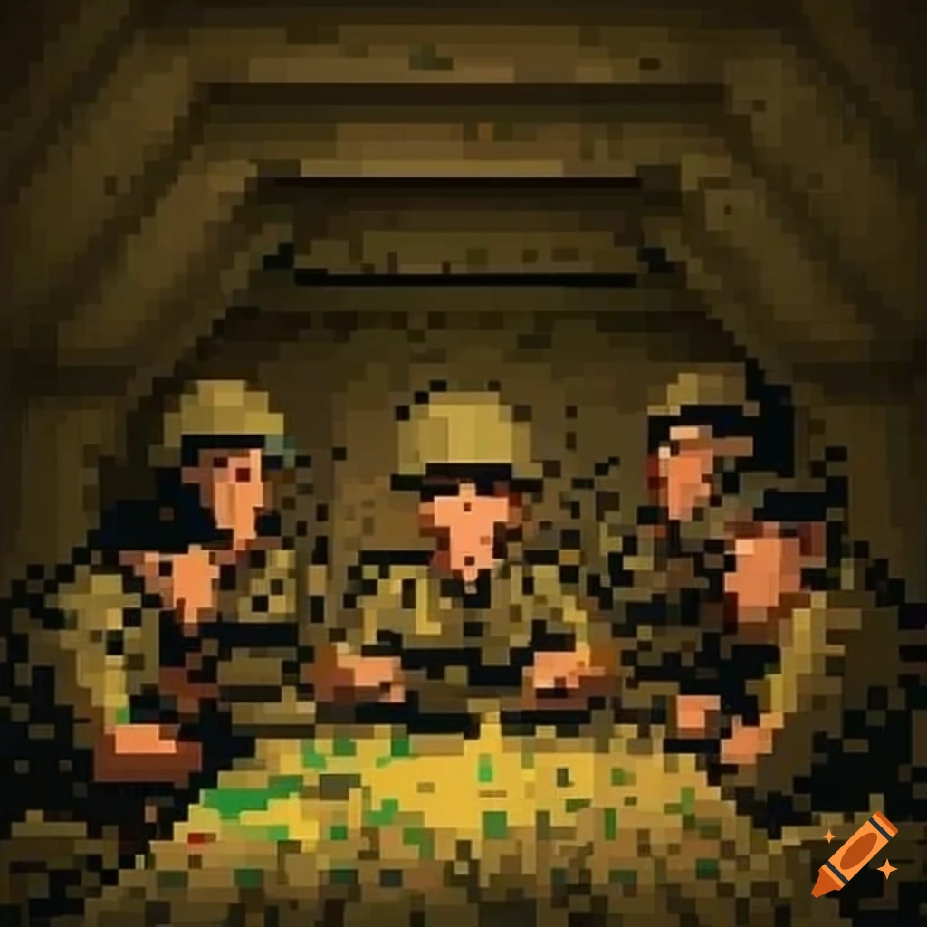 Pixel art of soldiers eating in a WW1 bunker on Craiyon