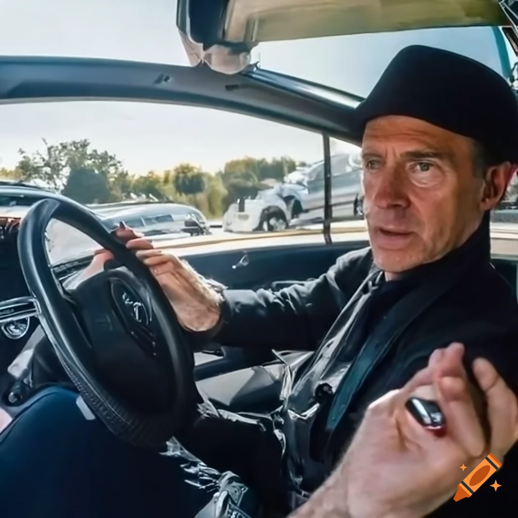Middle-aged man driving a porsche in an action movie scene on Craiyon