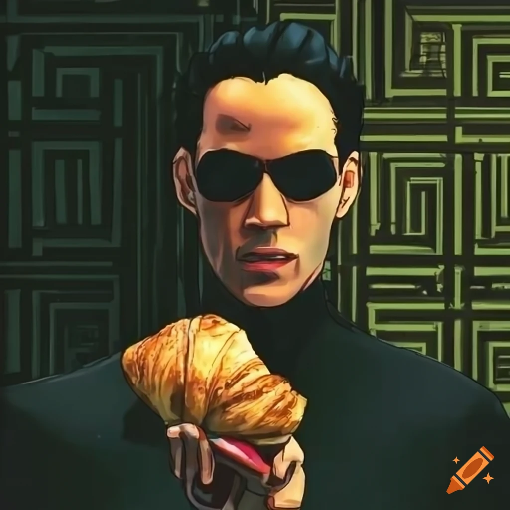 Neo from matrix enjoying a croissant in a café